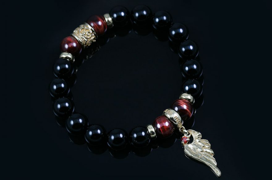 Angel Wing Charm 10mm Onyx & Red Tiger Eye Beaded Bracelet BB-085B