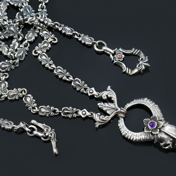 Artemis Amethyst Flower Crowned Antilope Impala Head Silver Necklace NK-141