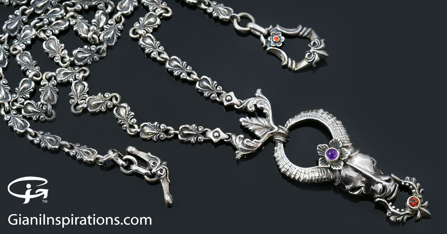 Artemis Amethyst Flower Crowned Antilope Impala Head Silver Necklace NK-141