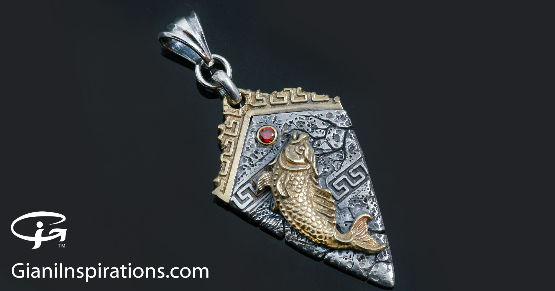 Atlantis Fish in Greek Pattern Silver Pendant With Red Garnet PT-077G