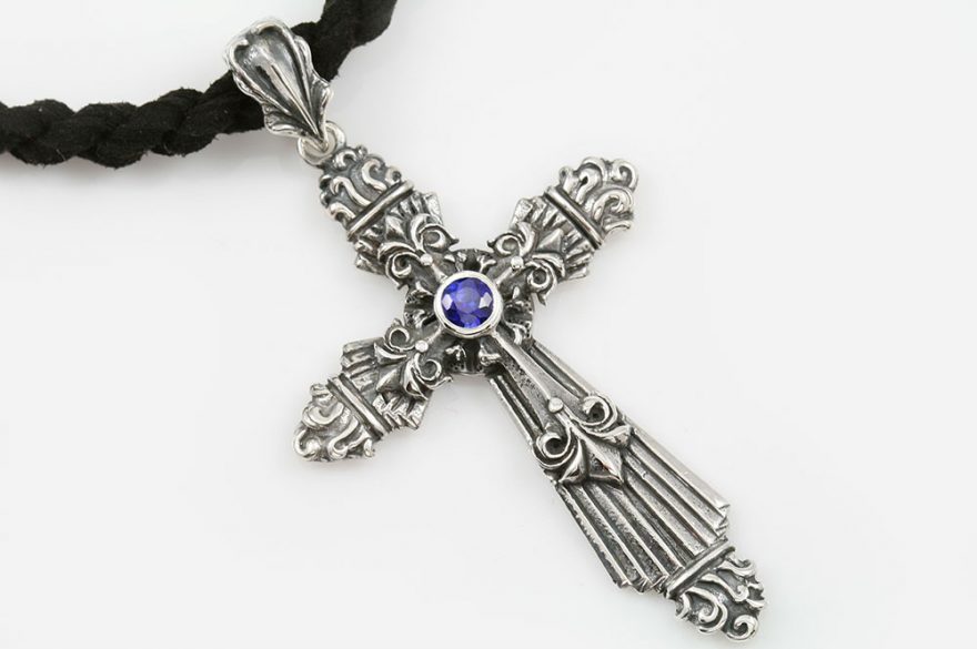 Baroque Cross Natural Blue Sapphire Two Tone Silver Pendant PT-040
