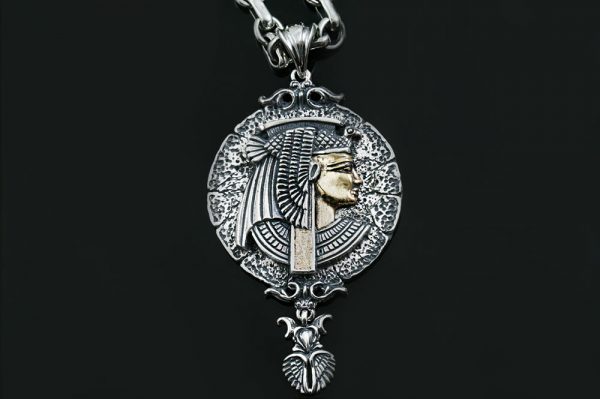 Cleopatra Egyptian Two Tone Silver & Bronze Medallion Pendant PT-158