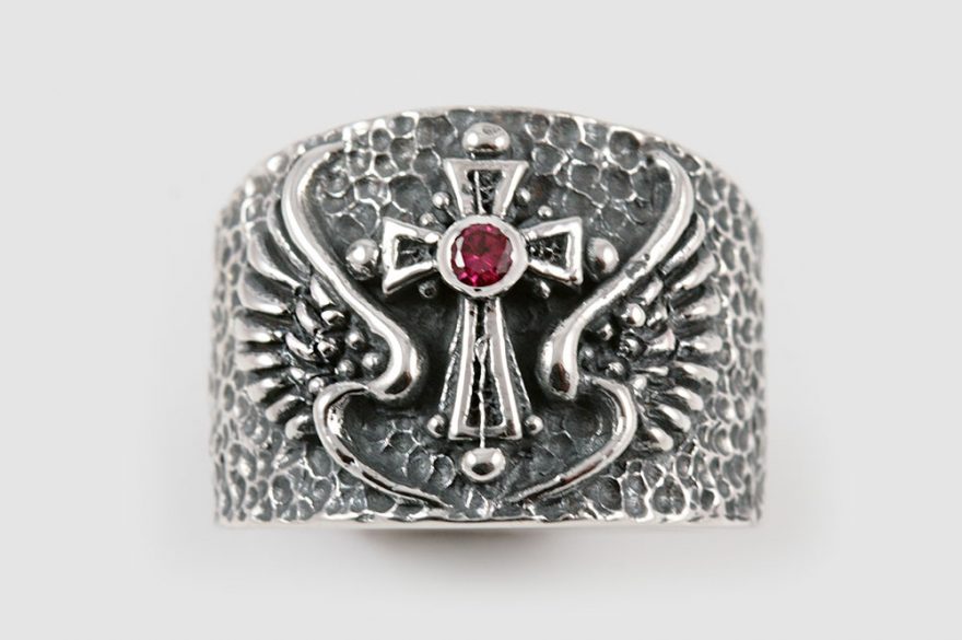 Cross & Wings Silver Ring With Red Ruby LR-074