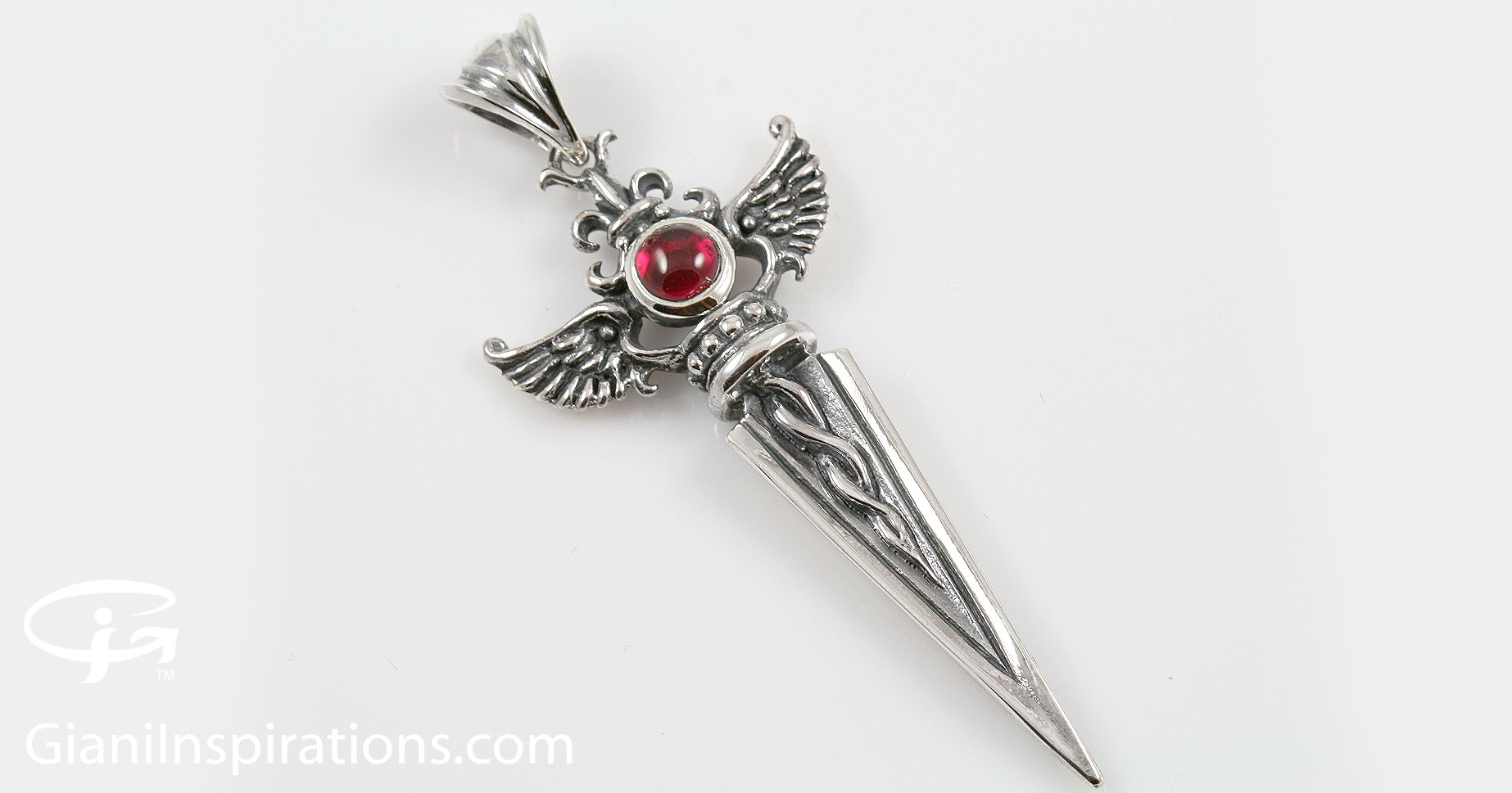Debrina Wing Dagger Red Cabochon Ruby Silver Pendant PT-097
