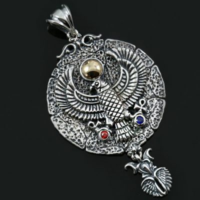 Egyptian Hawk Two Tone Red & Blue Zircons Silver Medallion Pendant PT-157
