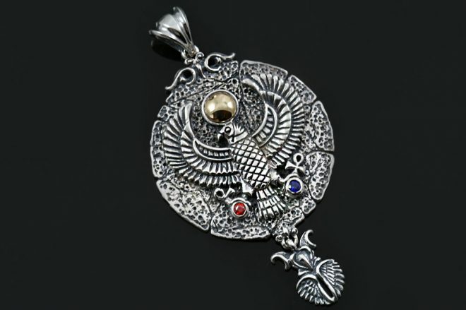 Egyptian Hawk Two Tone Red & Blue Zircons Silver Medallion Pendant PT-157