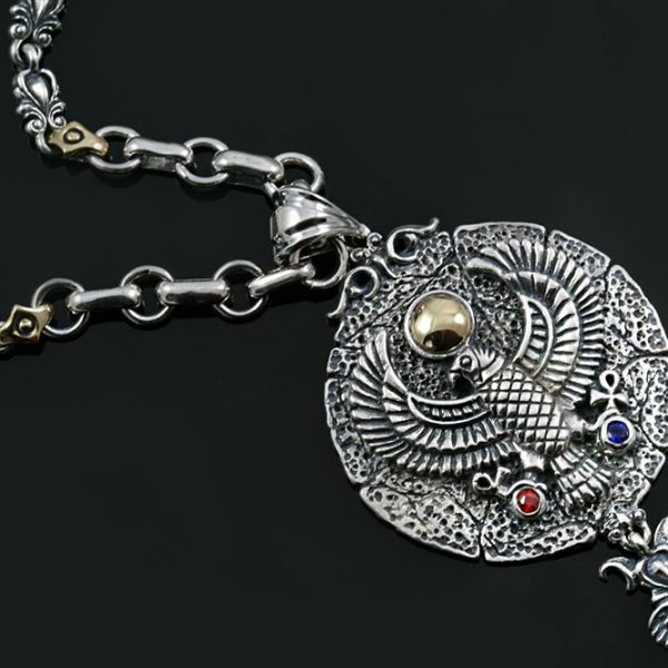 Egyptian Hawk Two Tone Red & Blue Zircons Silver Medallion Pendant PT-157