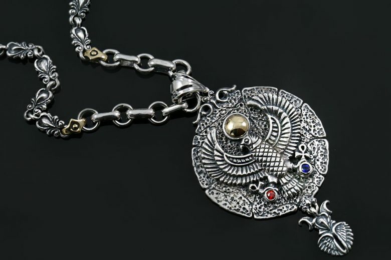 Egyptian Hawk Two Tone Red & Blue Zircons Silver Medallion Pendant PT-157