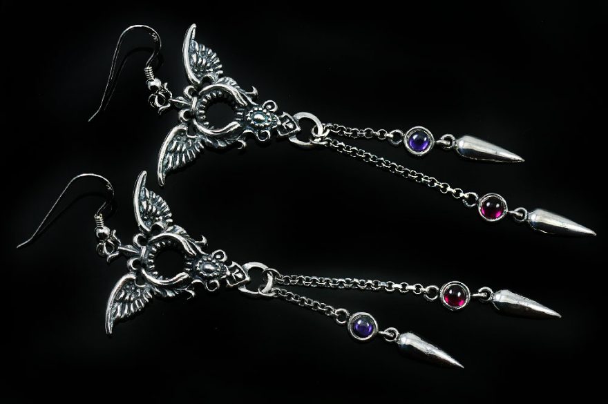 Ermina Amethyst & Ruby Edgy Wing Drop Spike Sterling Silver Earrings ER-016
