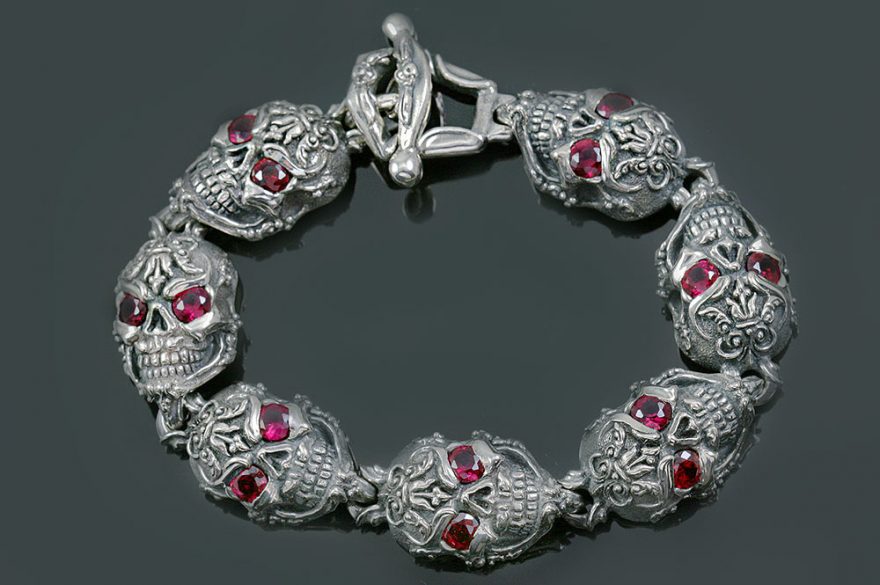 French Skull Ruby Eyes Luxurious Silver Bracelet BR-027