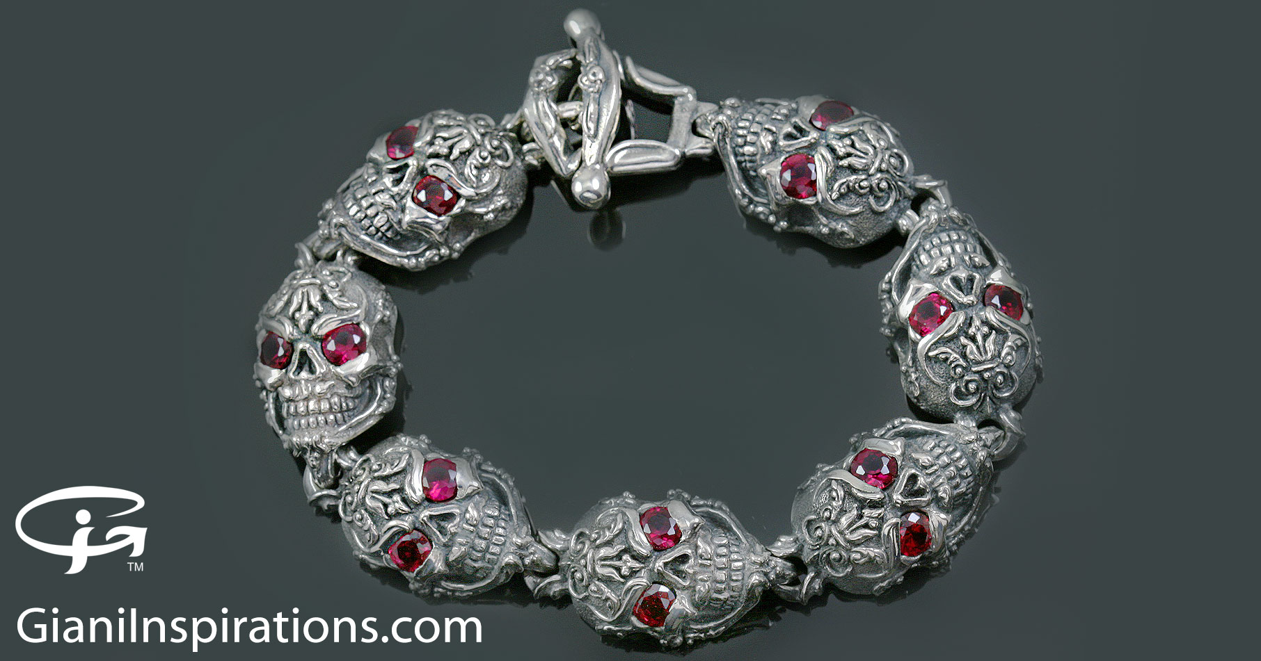 French Skull Ruby Eyes Luxurious Silver Bracelet BR-027