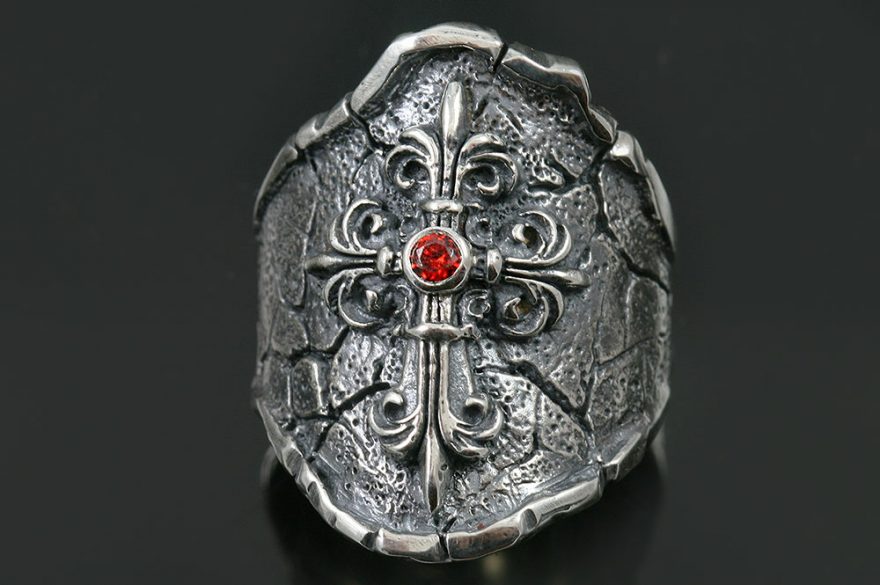 Gothic Cross Red Ruby or Garnet Antique Oxidized Silver Ring UR-124