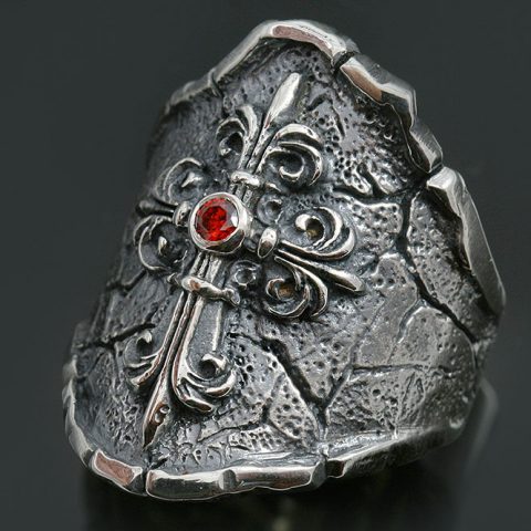 Gothic Cross Red Ruby or Garnet Antique Oxidized Silver Ring UR-124