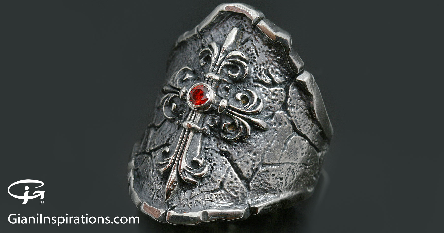 Gothic Cross Red Ruby or Garnet Antique Oxidized Silver Ring UR-124