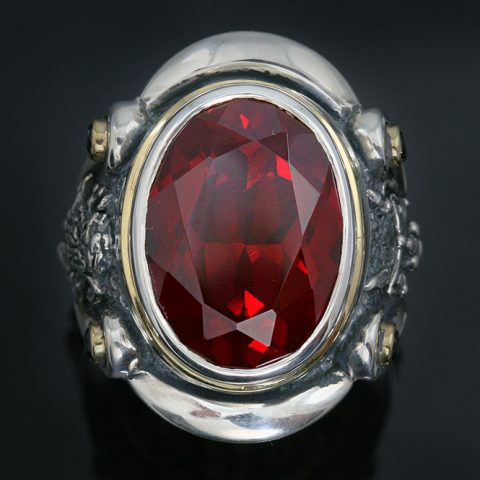 King Ring Heraldic Rampant Lion Red Corundum Silver Ring MR-119R