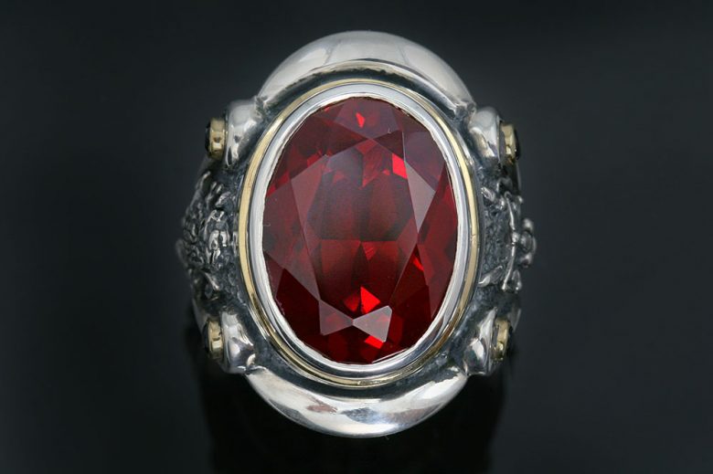 King Ring Heraldic Rampant Lion Red Corundum Silver Ring MR-119R