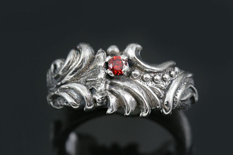 Mars Floral Style Red Garnet Silver CZ Ring LR-110
