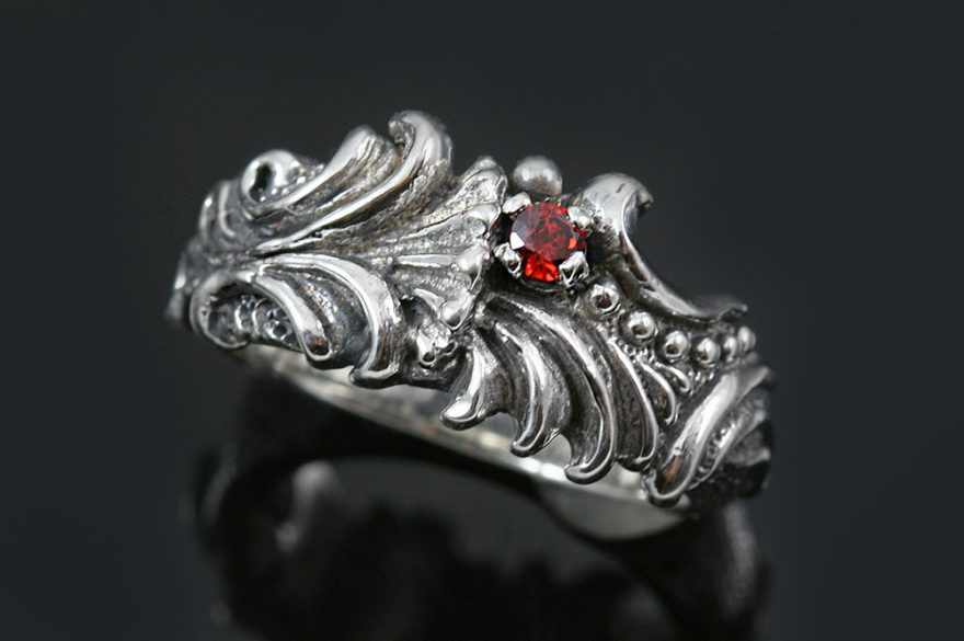 Mars Floral Style Red Garnet Silver CZ Ring LR-110