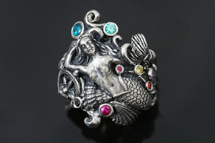 Mermaid Colorful Unique Oxidized Silver Ring LR-106