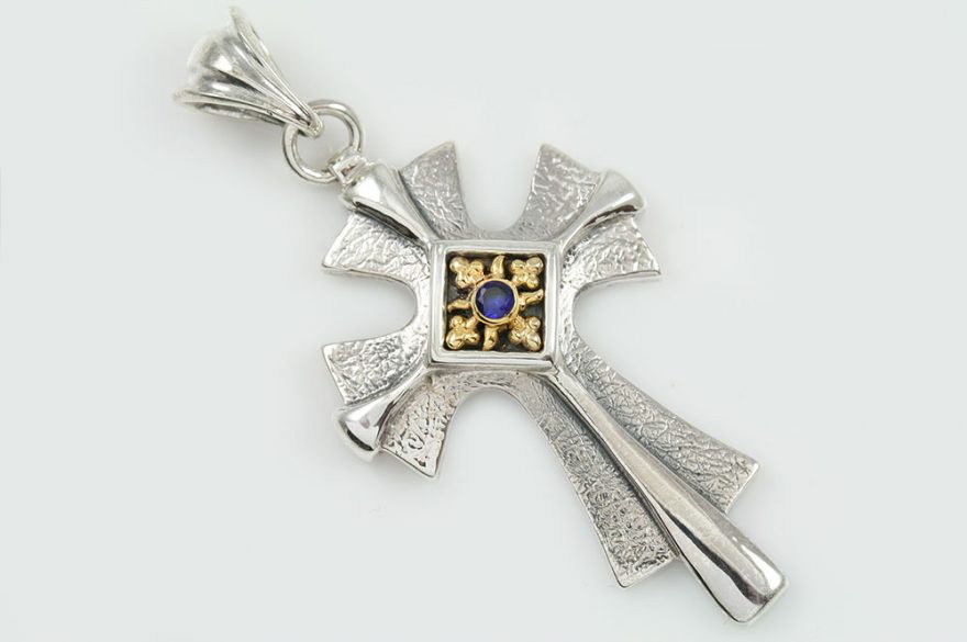 Radiant Cross Natural Blue Sapphire Two Tone Silver Pendant PT-060