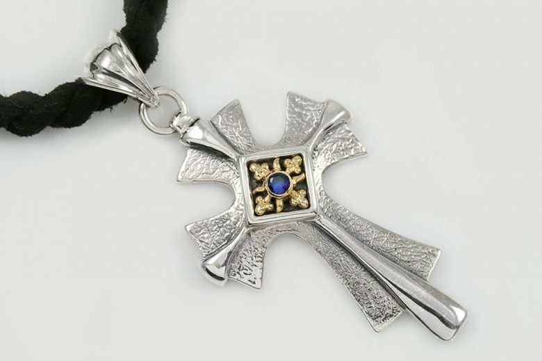 Radiant Cross Natural Blue Sapphire Two Tone Silver Pendant PT-060