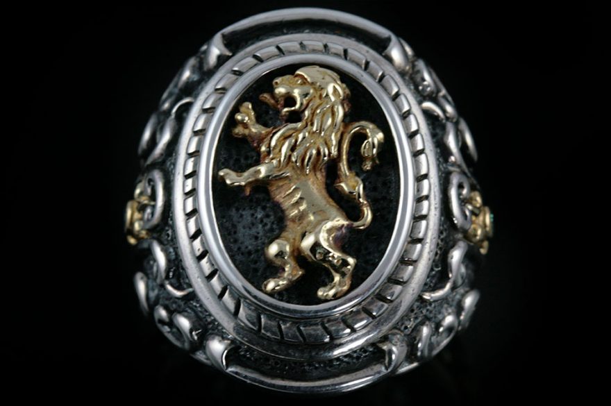 Rampant Gold Lion Heraldry Silver Ring MR-23G