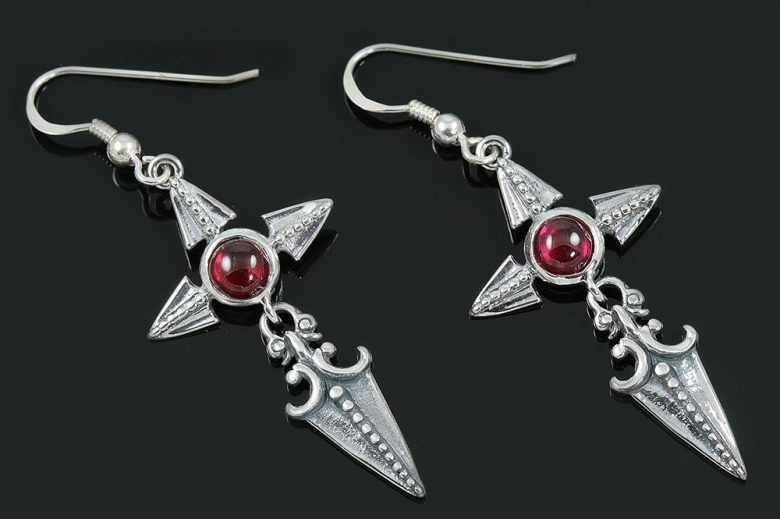 Ruby Cross Spearhead Arrow Drop Silver Earrings ER-018