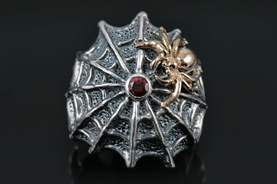 Spider Web Red Garnet Two Tone Oxidized Silver Gothic Ring LR-080