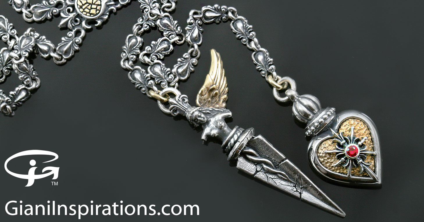 Sympathy Heart and Angel Dagger Silver Necklace NK-139