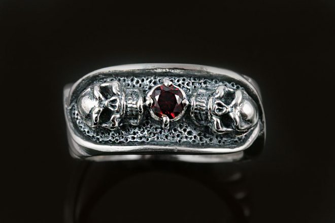 Gothic Cross Red Ruby or Garnet Antique Oxidized Silver Ring UR-124