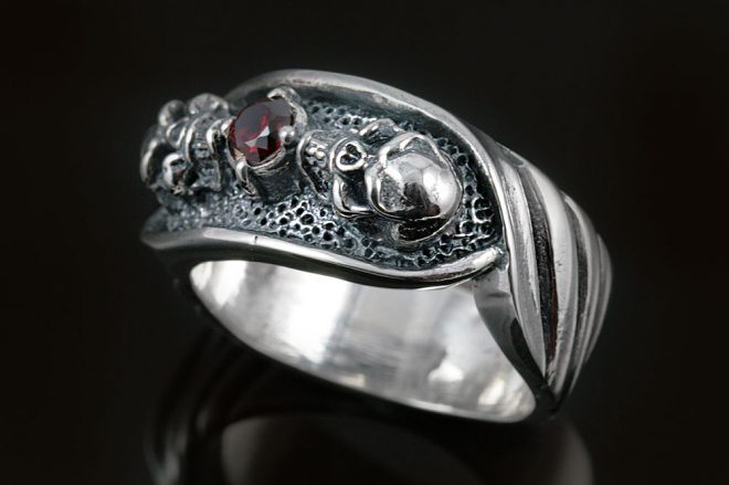 Gothic Cross Red Ruby or Garnet Antique Oxidized Silver Ring UR-124